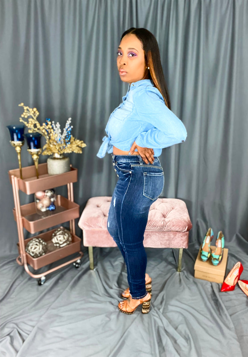 Blu Dark Distressed Detailed Denim – Pretty Girl Gang Studios